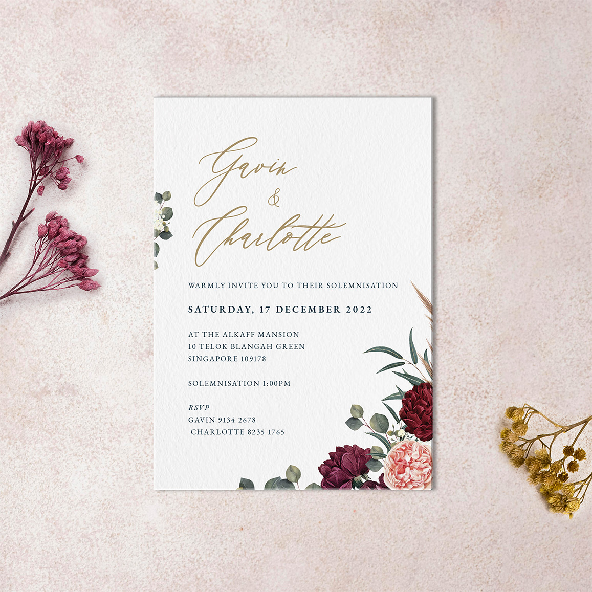 Burgundy Floral Solemnisation | Papypress | Bespoke Invitations ...